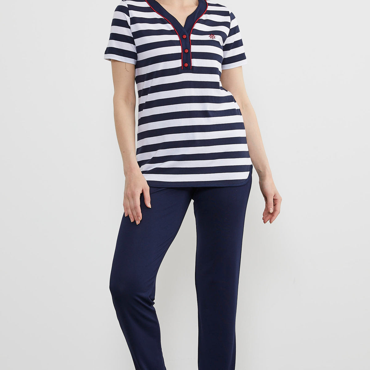 Striped Short Sleeve Placket Collar Suit - Navy Blue – Sementa.com