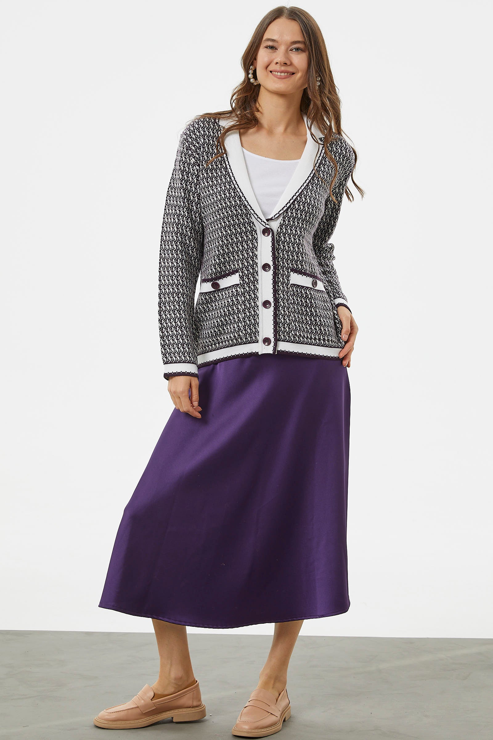 Şal Yaka Çift Renk Triko Ceket - Mürdüm – Sementa.com