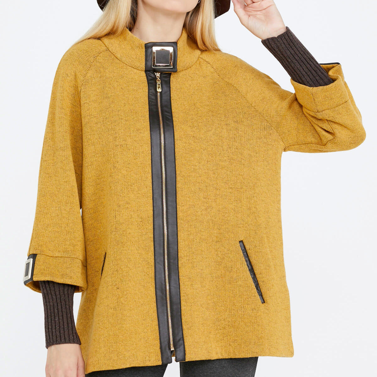 Women's Knitwear Jacket With Buckle Detailed Zipper - Sun - Brown – SEMENTA
