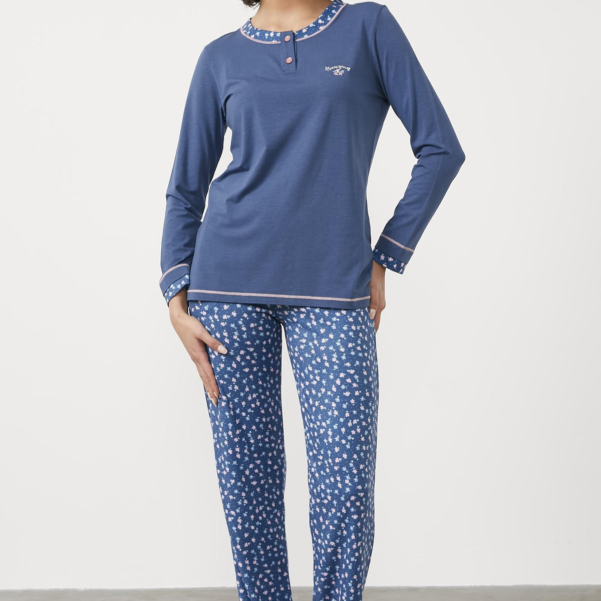 Floral Patterned Modal Pajamas Set - Blue – SEMENTA