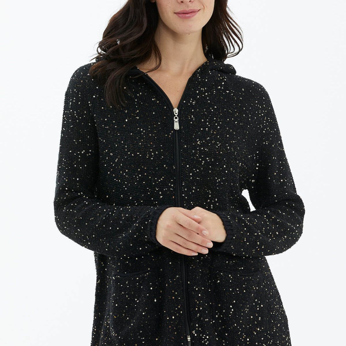 Kapüşonlu Fermuarlı Pullu Triko Hırka - Siyah – Sementa.com